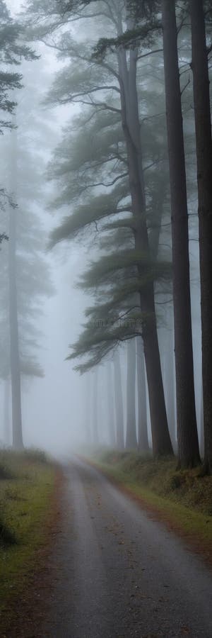 Foggy Forest Path with Tall Trees Fading into Mist Creating Depth Stock ...