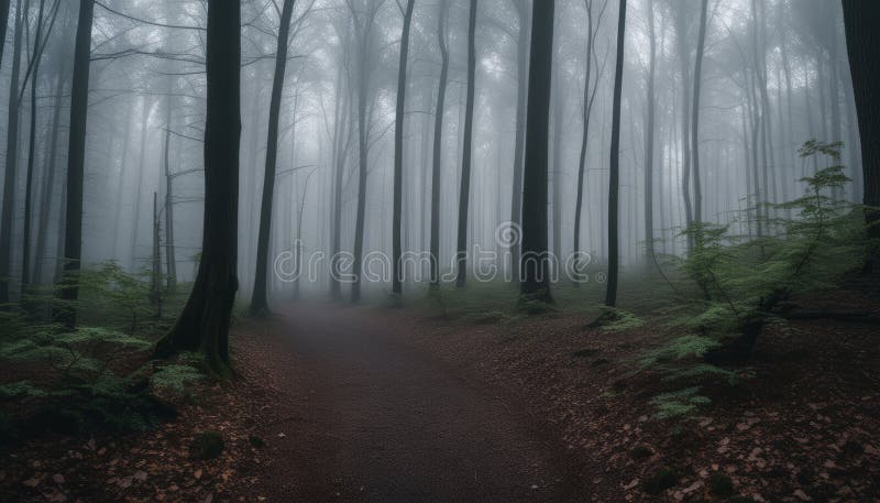A Foggy Forest Path with Trees on Both Sides Stock Illustration ...