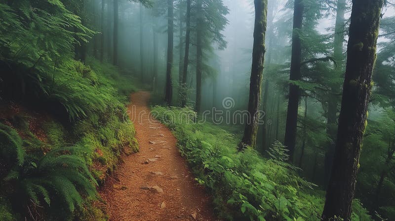 Foggy Forest Path Winding through Lush Greenery in the Early Morning ...