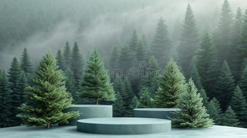 Foggy Forest Product Display with Three Green Circular Platforms Stock ...