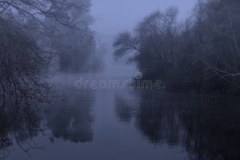 Foggy Forest River at Night Stock Photo - Image of river, mysterious ...