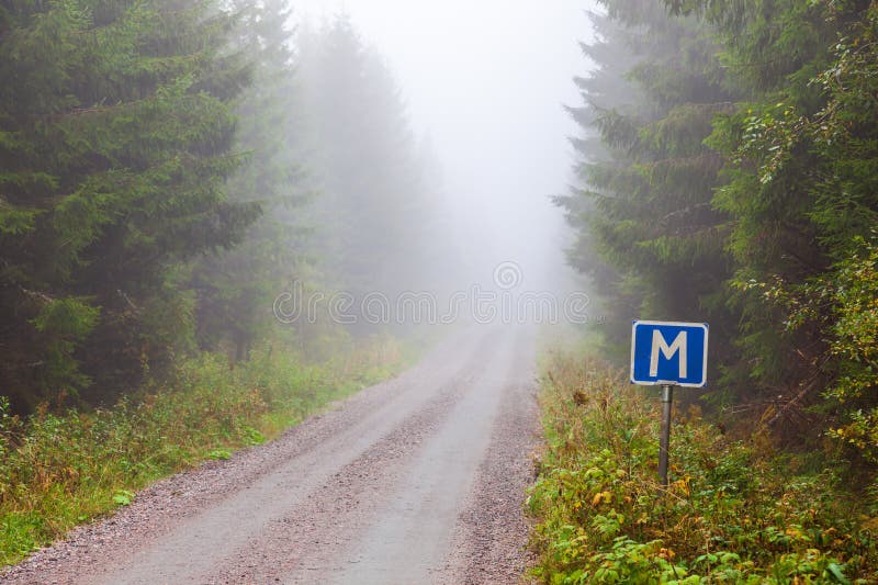 Foggy Forest Road with a Meeting Place Road Sign Stock Photo - Image of ...