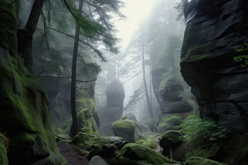 Foggy Forest Shrouded in Mist, with Towering Trees and Hidden Caves ...