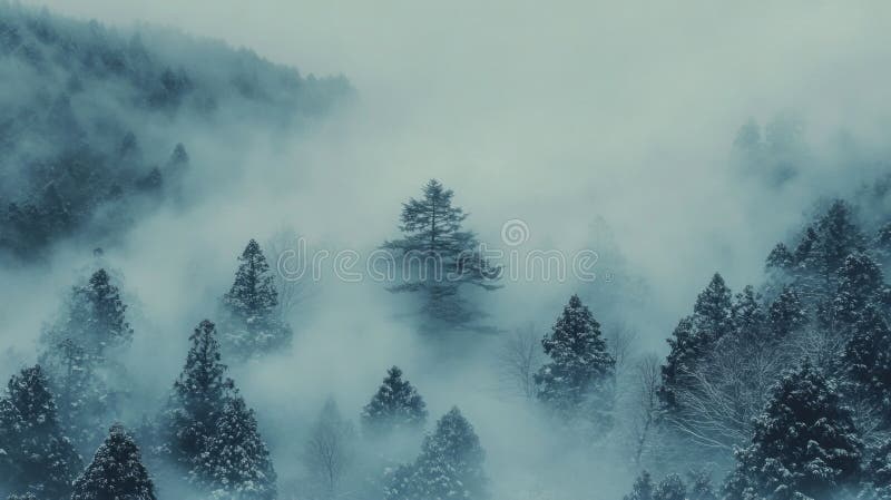 A Foggy Forest with a Single Tree Standing Tall in the Mist Stock ...