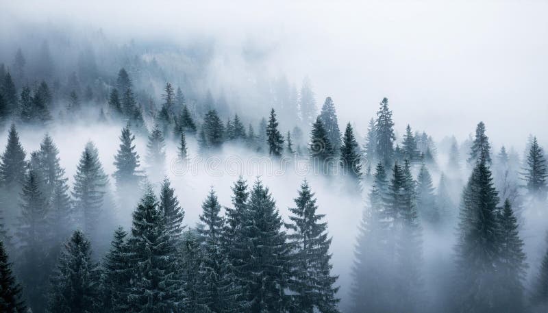 A Foggy Forest with Tall Trees and Mist Creating an Ethereal Atmosphere ...