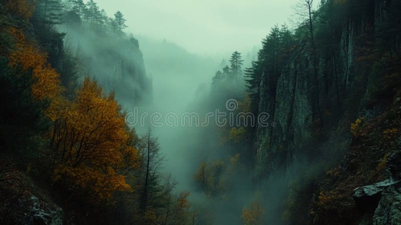 Foggy Forest Valley with Tall Cliffs and Autumn Trees Stock ...