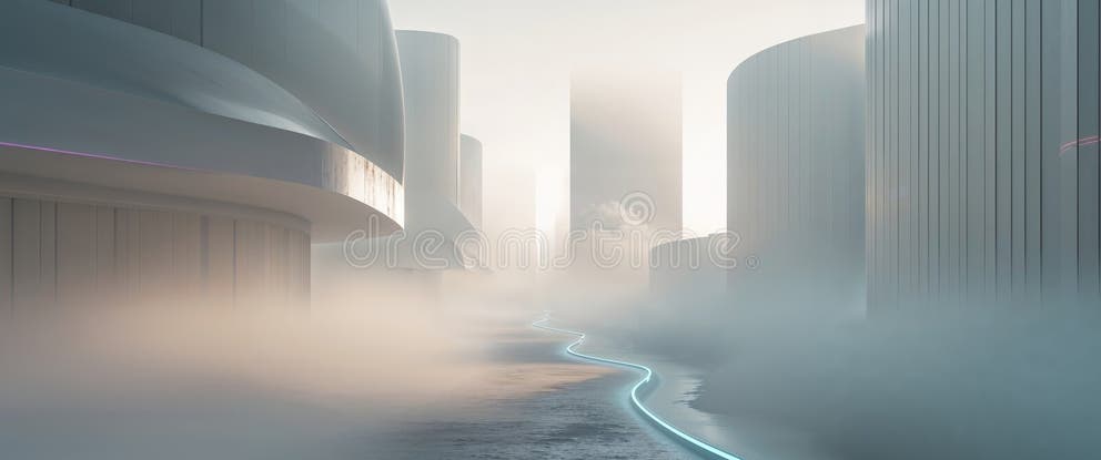 Foggy Futuristic Path between Structures Stock Image - Image of mist ...