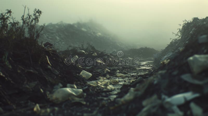 A Foggy Garbage Dump with a Stream Running through it Stock Image ...