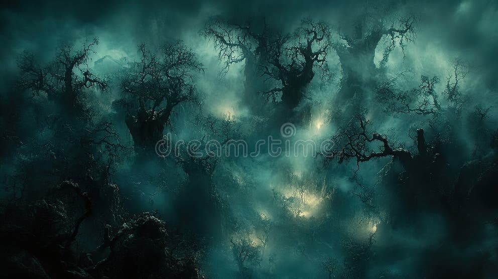 Foggy, Haunted Forest, Ominous Trees, Dramatic Lighting Stock ...