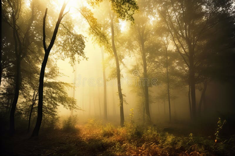 Foggy Image in Beautiful Forest with Sun Rays from Generative Ai Stock ...