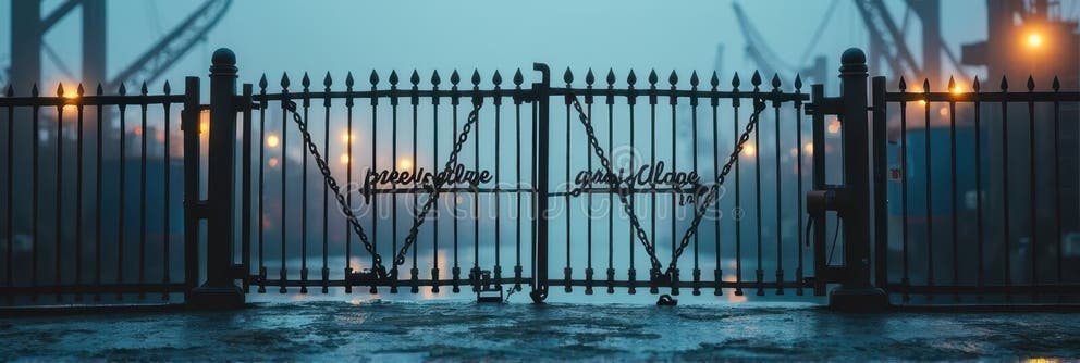 Foggy Industrial Harbor with Closed Iron Gate at Dawn Stock Image ...