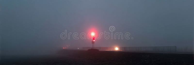 Foggy Landscape with Blinking Warning Light Signaling Caution during ...