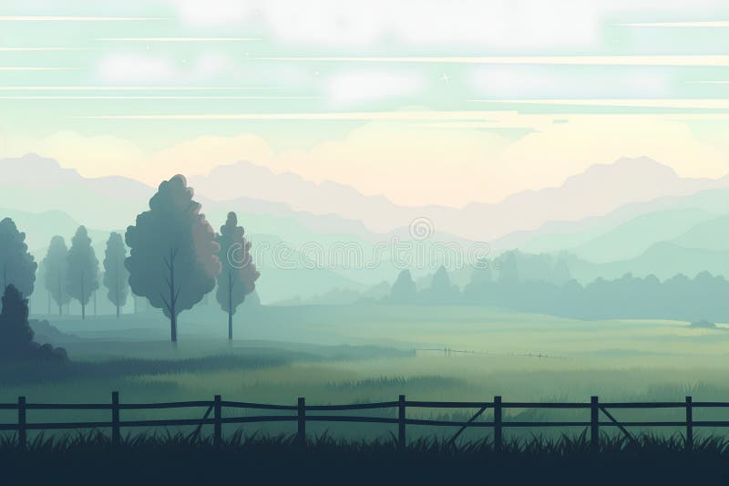 Foggy Landscape with Trees, Fence and Mountains. Vector Illustration ...