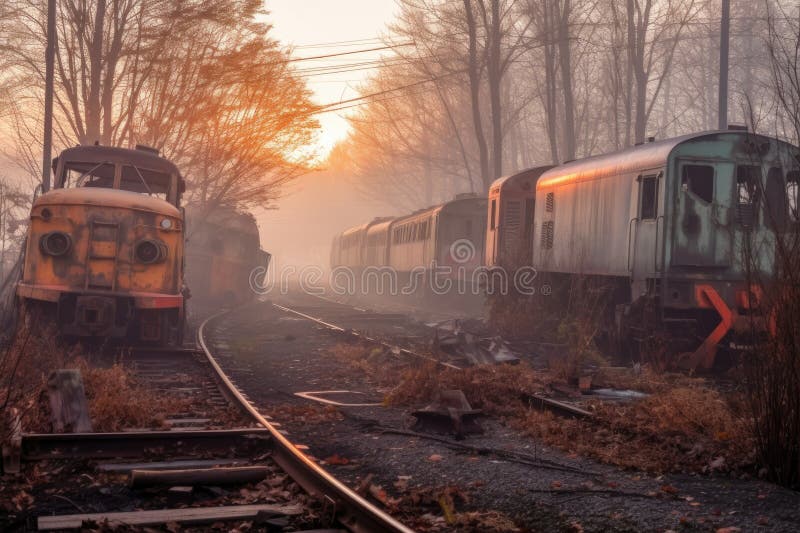 Foggy Morning at Eerie Train Graveyard Stock Illustration ...