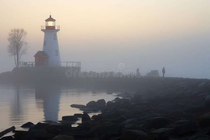 Foggy Morning with Lighthouse Silhouette Barely Visible Stock ...