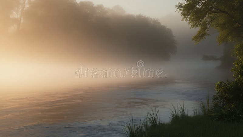 A Foggy Morning River Scene with Soft Light Breaking through, Stock ...