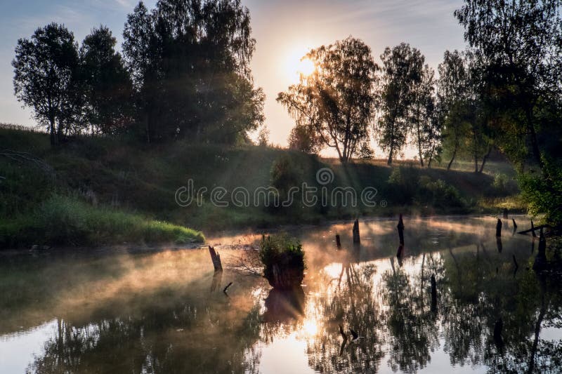 Foggy Morning on a Small River in Russia. Stock Photo - Image of calm ...