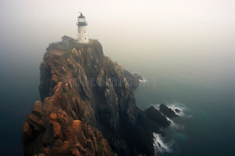 Foggy Morning Surrounding an Isolated Lighthouse on a Cliff Stock ...