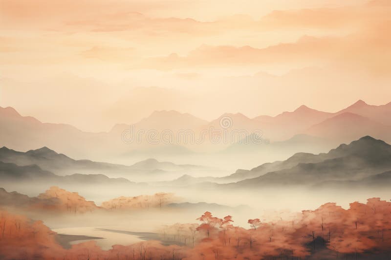 Foggy Mountain Landscape at Sunrise. Computer Digital Drawing Stock ...
