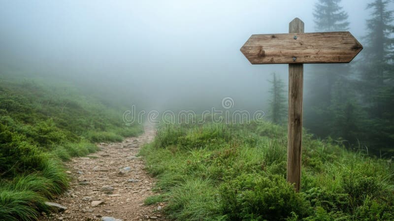 Foggy Mountain Path Signpost Guides the Way Stock Illustration ...