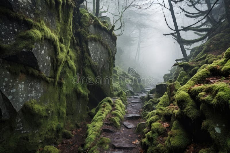 Foggy Mountain Trail with Moss-covered Rocks and Trees Stock Photo ...