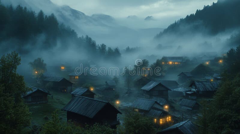 A Foggy Mountain Village at Night Stock Illustration - Illustration of ...