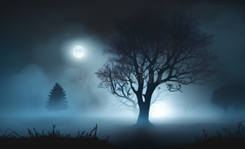 Foggy Night in the Forest with a Lonely Tree and Full Moon Stock ...