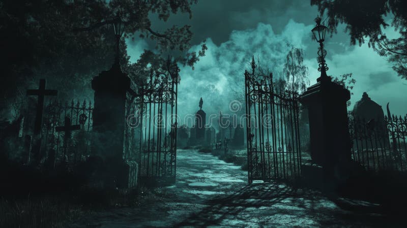 A Foggy Night at an Open Graveyard Gate Stock Illustration ...