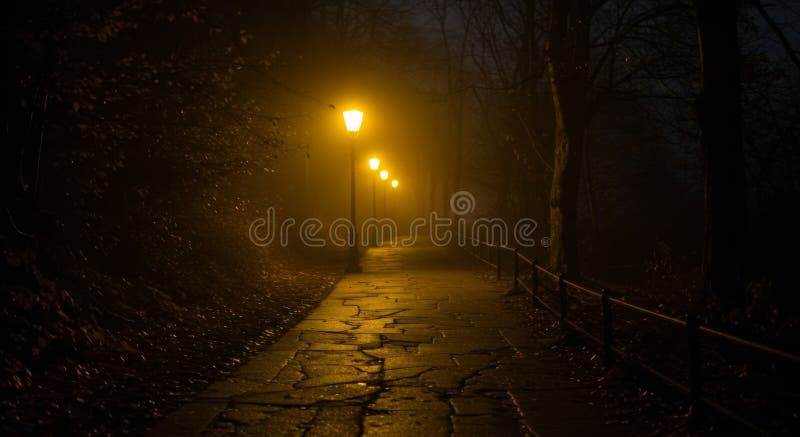 Foggy Night Path with Illuminated Streetlights Stock Illustration ...