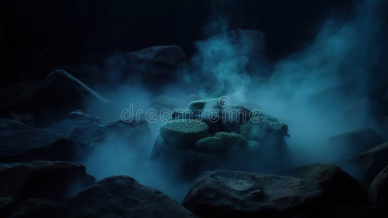 Foggy Night Scene with Stones and Smoke. Abstract Background. Display ...