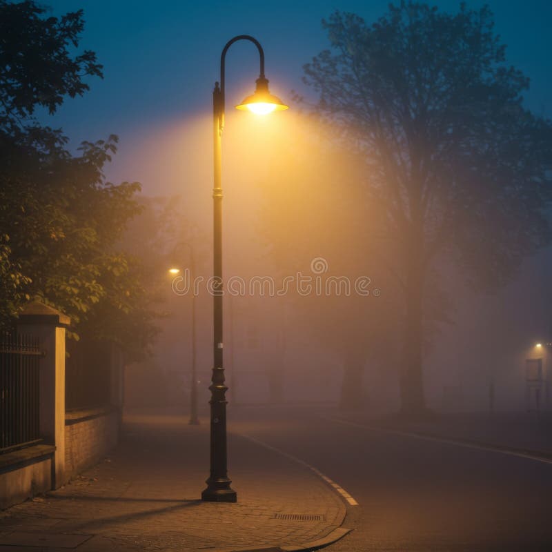 Foggy Night Street Scene with Illuminated Lamppost Stock Illustration ...