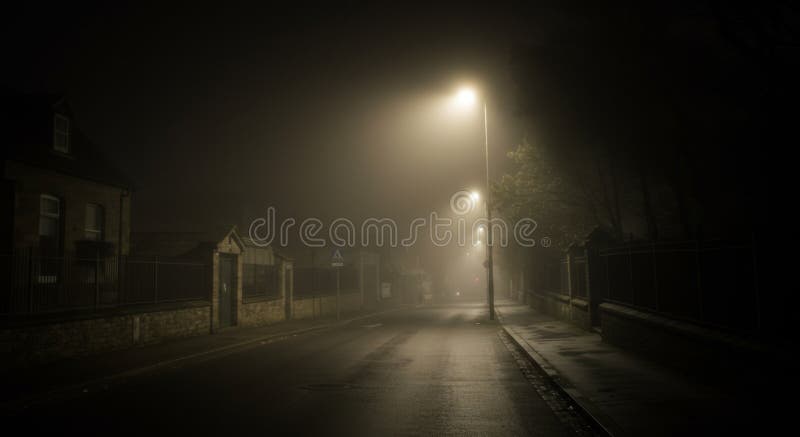 Foggy Night Street Scene with Lampposts Stock Illustration ...