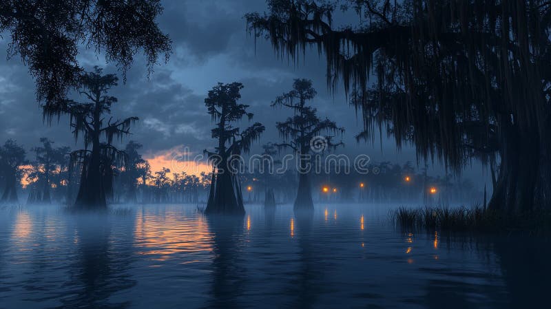 Foggy Night in a Swamp with Cypress Trees and Water Reflections Stock ...