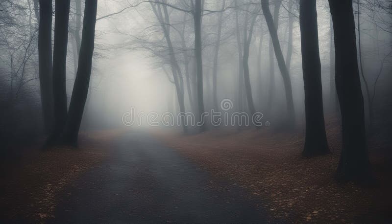 Foggy Path in a Dark Forest with Sun Rays Passing through. Stock ...