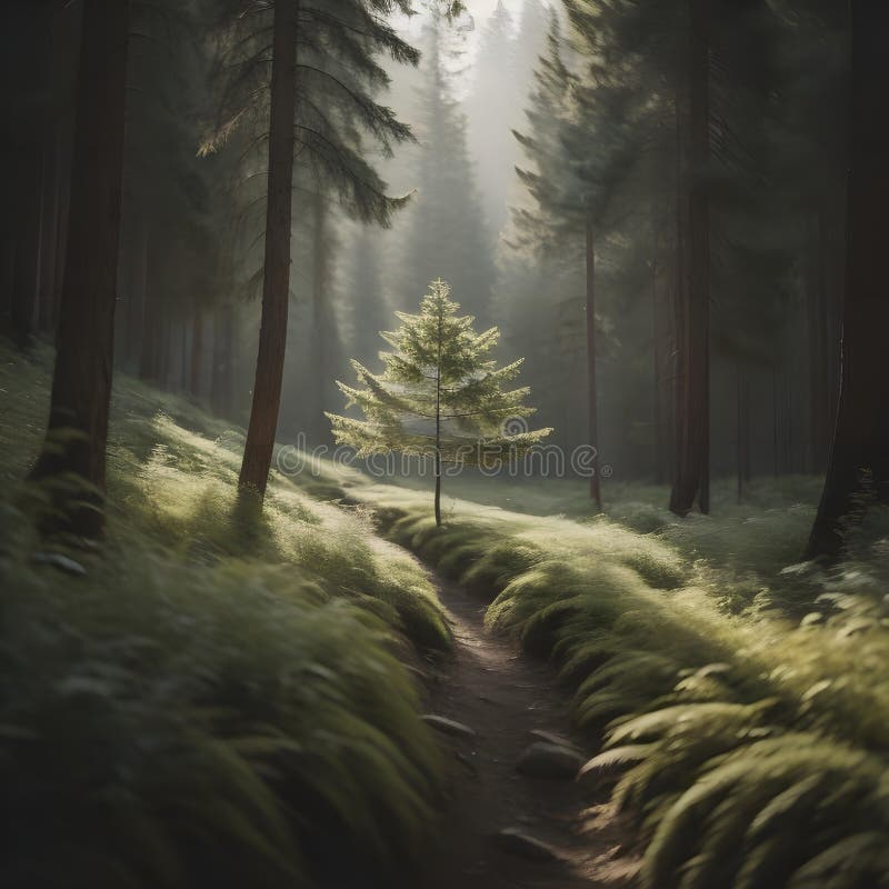 Foggy Path in the Forest with Pine Trees and Ferns. Generative Ai Stock ...