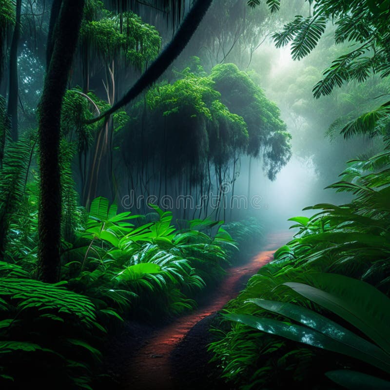 Foggy Path through a Green Forest. Panoramic Image Stock Illustration ...