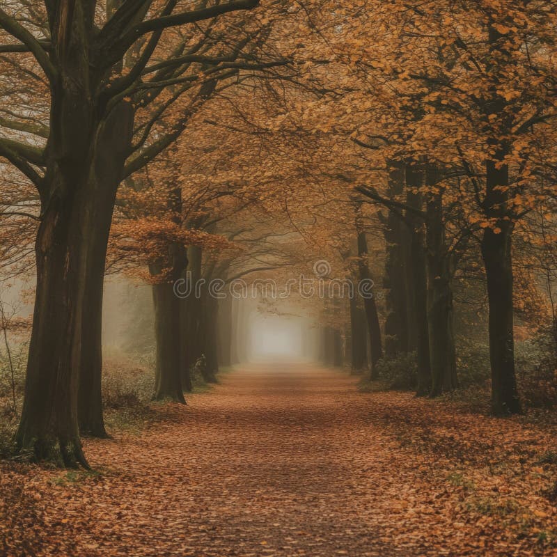 A Foggy Pathway through an Autumnal Forest Stock Illustration ...