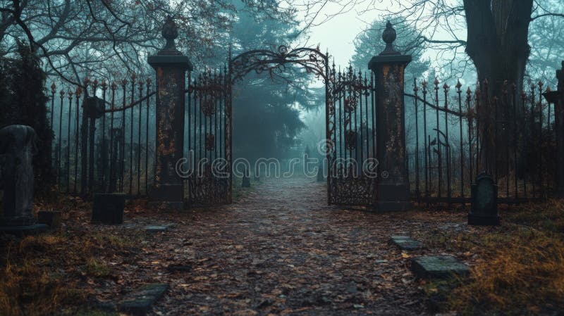 A Foggy Pathway through a Cemetery Gate Stock Illustration ...