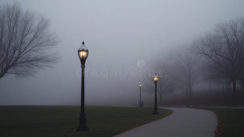 A Foggy Pathway Illuminated by Streetlights Stock Illustration ...