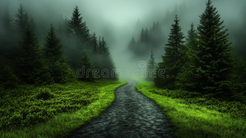 Foggy Pathway in a Lush Green Forest with Pine Trees Stock Illustration ...