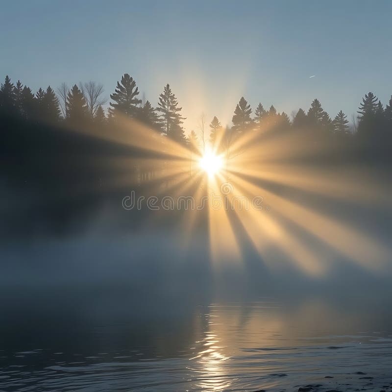 Foggy River with Sun Rays through Trees Stock Illustration ...