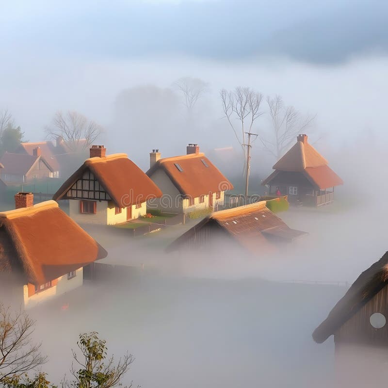 Foggy Rural Village at Dawn Stock Illustration - Illustration of nature ...