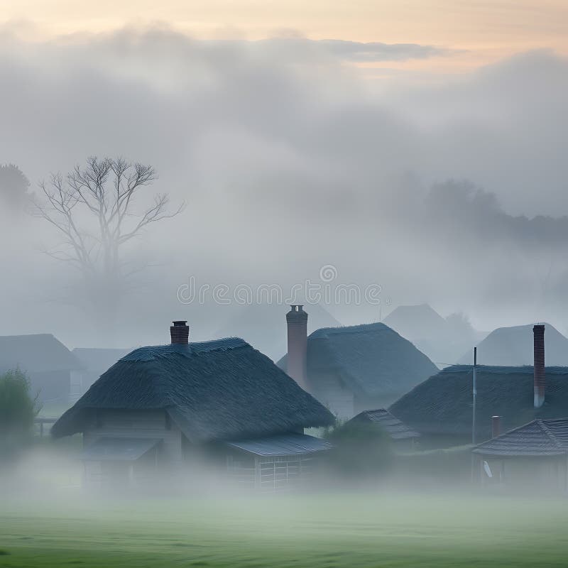 Foggy Rural Village at Dawn Stock Illustration - Illustration of ...