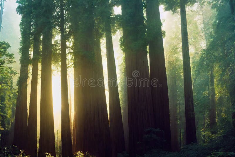 Foggy Sequoia Forest and Rays of Rising Sun Behind Trees Stock ...
