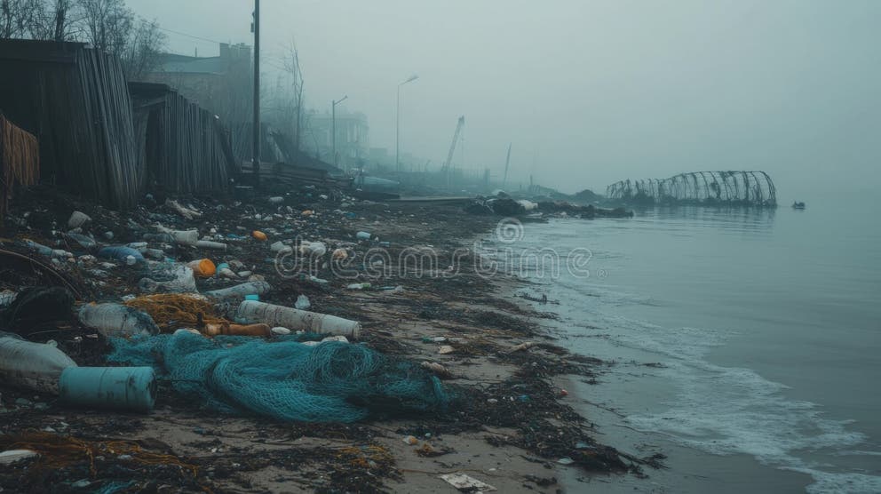 A Foggy Shore Littered with Plastic and Debris Stock Photo - Image of ...