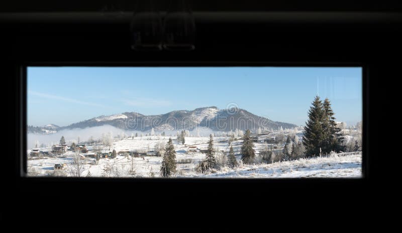 Foggy Snowy Mountain View from Frame Window Stock Photo - Image of ...