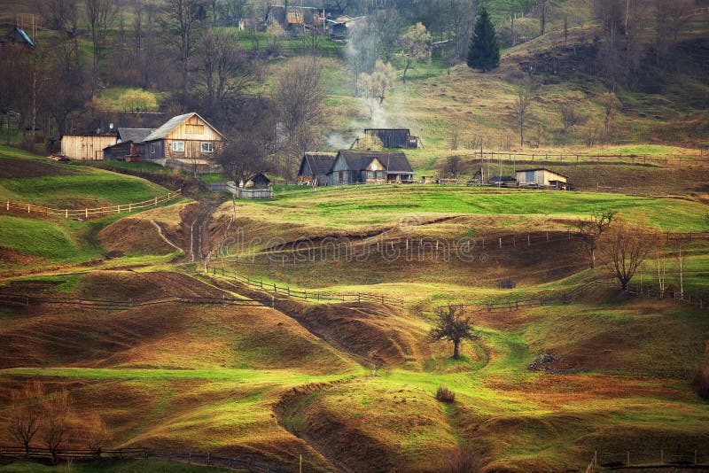 Foggy Spring Morning in Mountain Village. Fields and Hills Stock Image ...