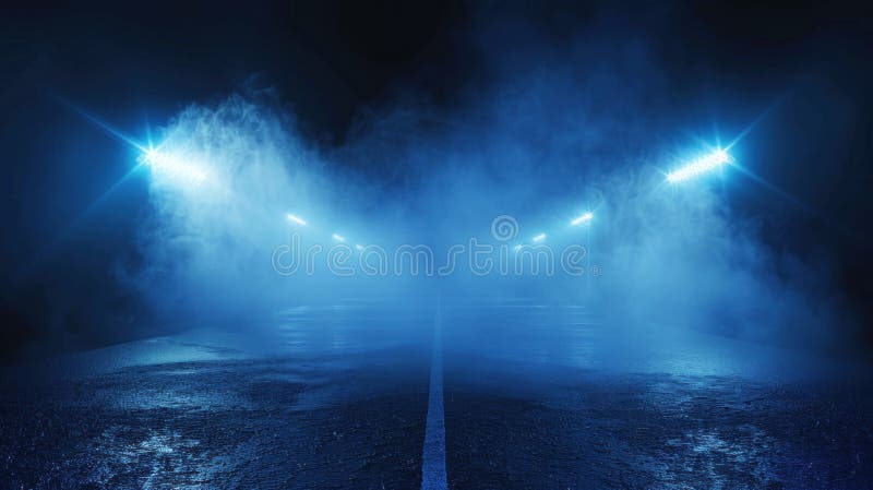 Foggy Street Illuminated by Blue Lights at Night with Dramatic ...