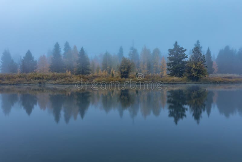 Foggy Sunrise Autumn Reflection Stock Image - Image of landscape, teton ...