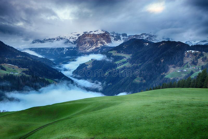 Foggy Sunrise Over Dolomites Mountains Stock Photo - Image of mountain ...